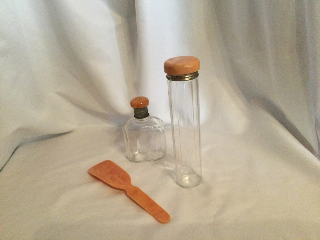 Antique Marbled Celluloid or Bakelite Toiletry Pieces Clear Paneled ...