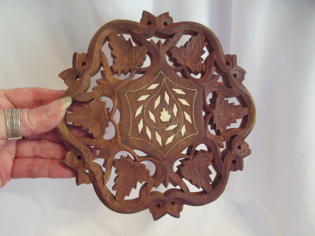 Vintage Brown Wood Round Trivet Footed Shell Inlay Home Decor Wooden ...
