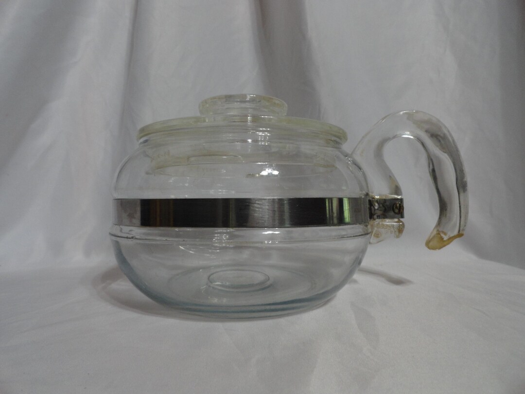 Vintage Pyrex 6 Cup Coffee Pot Teapot Pot Clear Glass Metal Band Retro ...