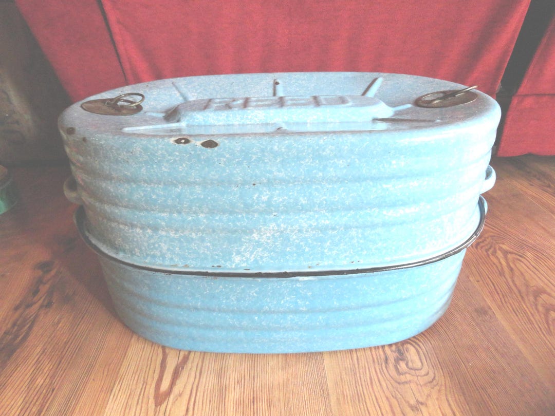 Vintage REED Blue Roasting Pan White Speckled Enamel Lidded Oven Pan ...