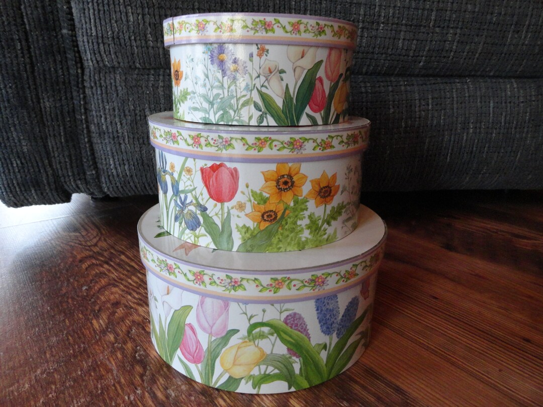 Vintage Nesting or Stacking Boxes Springtime Flowers Small Round Set of ...