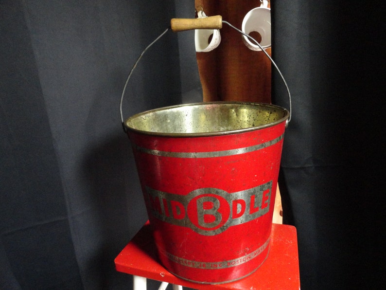 Vintage Large Red Metal Food Pail, Bucket, Joseph Middleby, Wooden ...