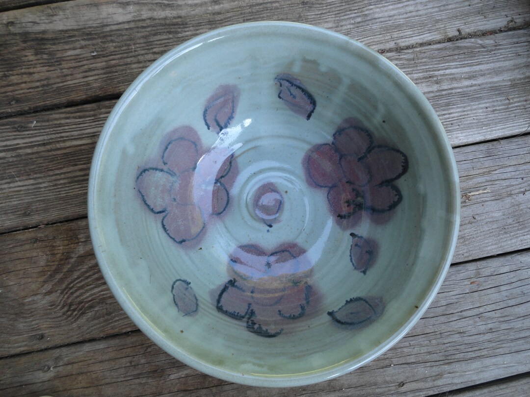 Vintage Light Green Ceramic Bowl Pink Flowers Pottery Handmade Light ...