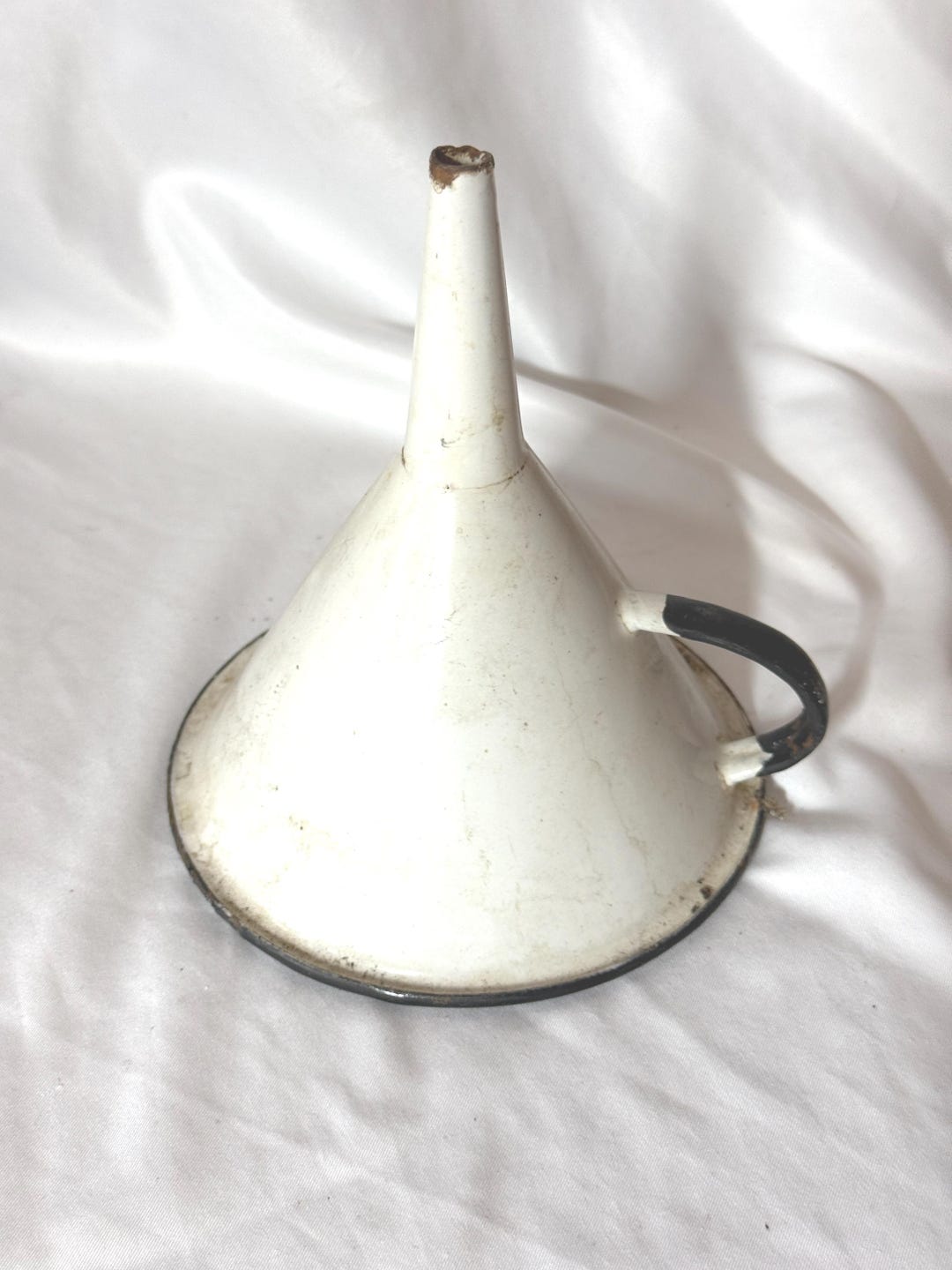 Vintage White Enamel Funnel Black Trim Handle Metal Kitchen Collectible ...