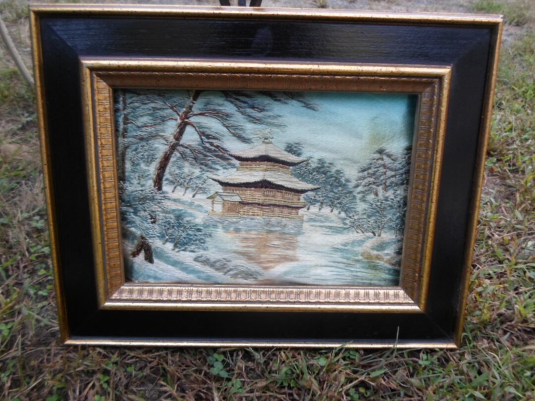 Vintage Japanese Embroidered Picture Art Pagoda Temple Scene in Black ...