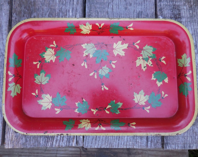 Vintage 1950s to 1960s Red Tray With Yellow and Green Maple Leaves ...