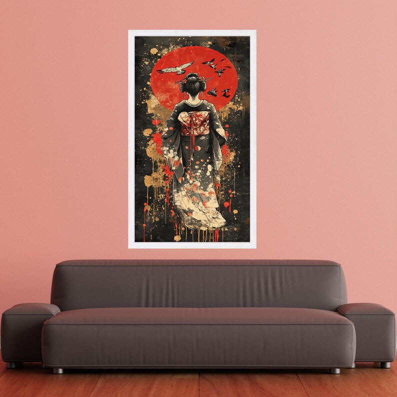 Elegante geisha con sol rojo en lienzo, decoración de pared de arte ...