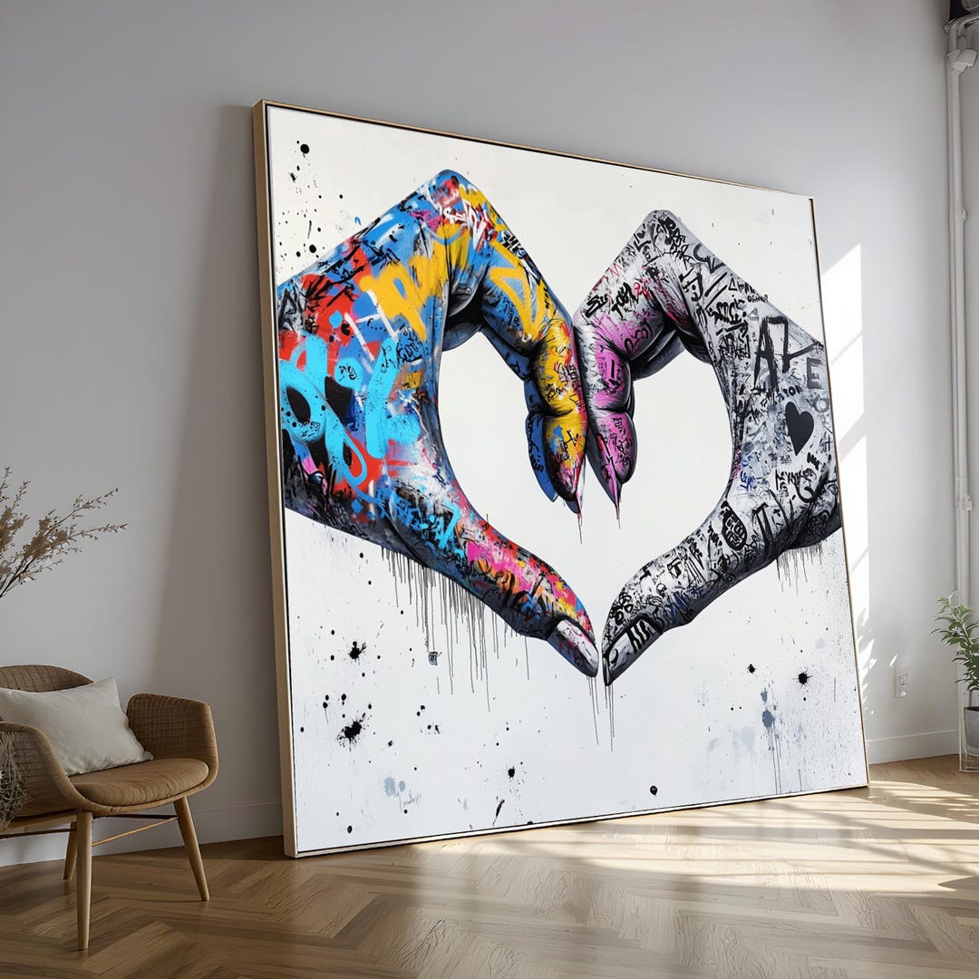 Urban Graffiti Hands Heart Canvas, Street Art Wall Decor, Colorful ...