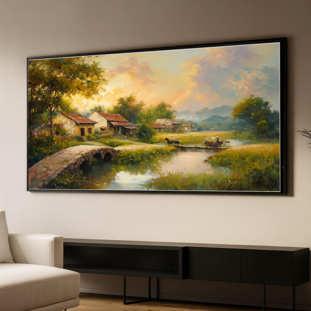 Rustic Village Landscape Canvas, Countryside River Art, Tranquil Rural ...