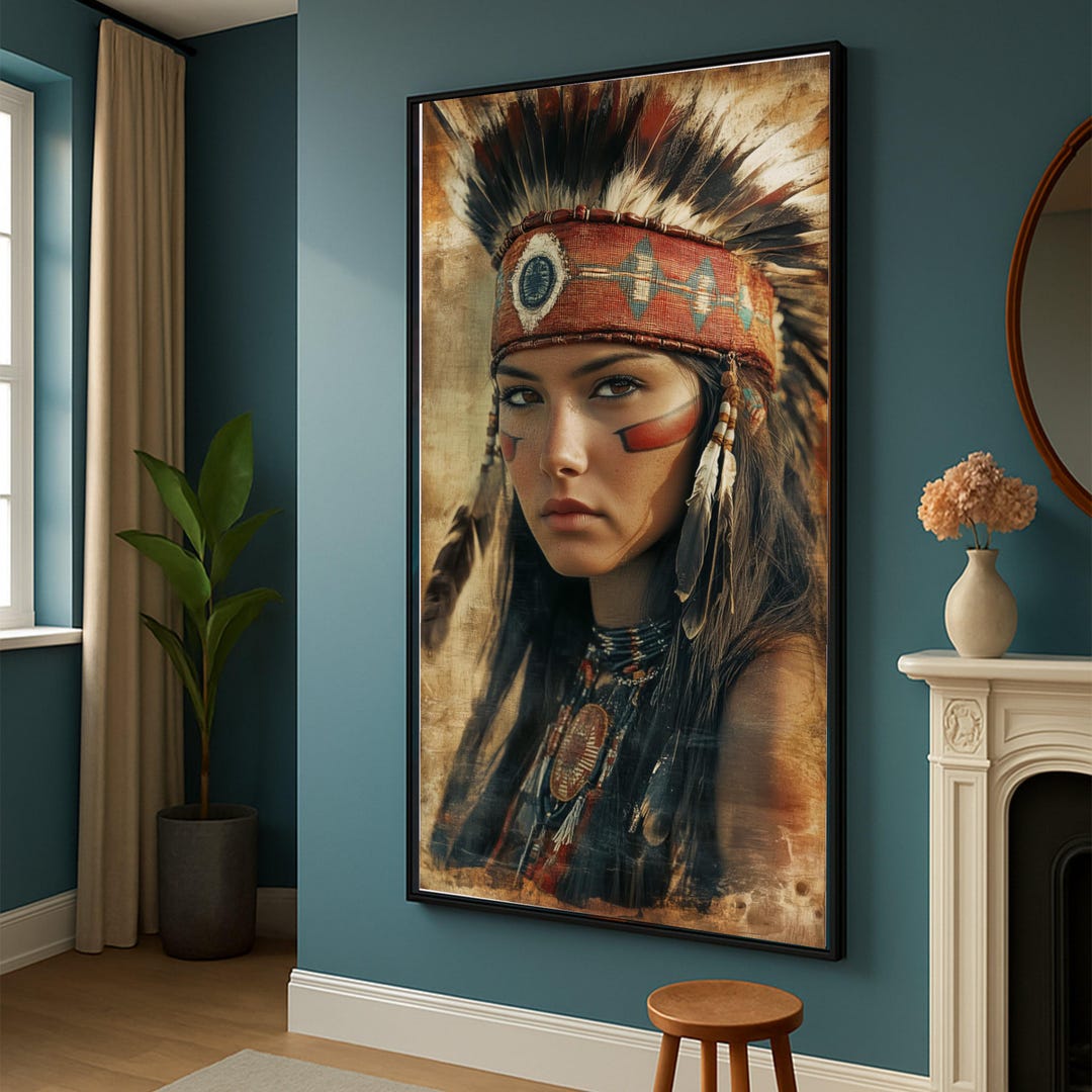 Native American Woman Portrait Canvas, Feather Headdress Wall Art ...