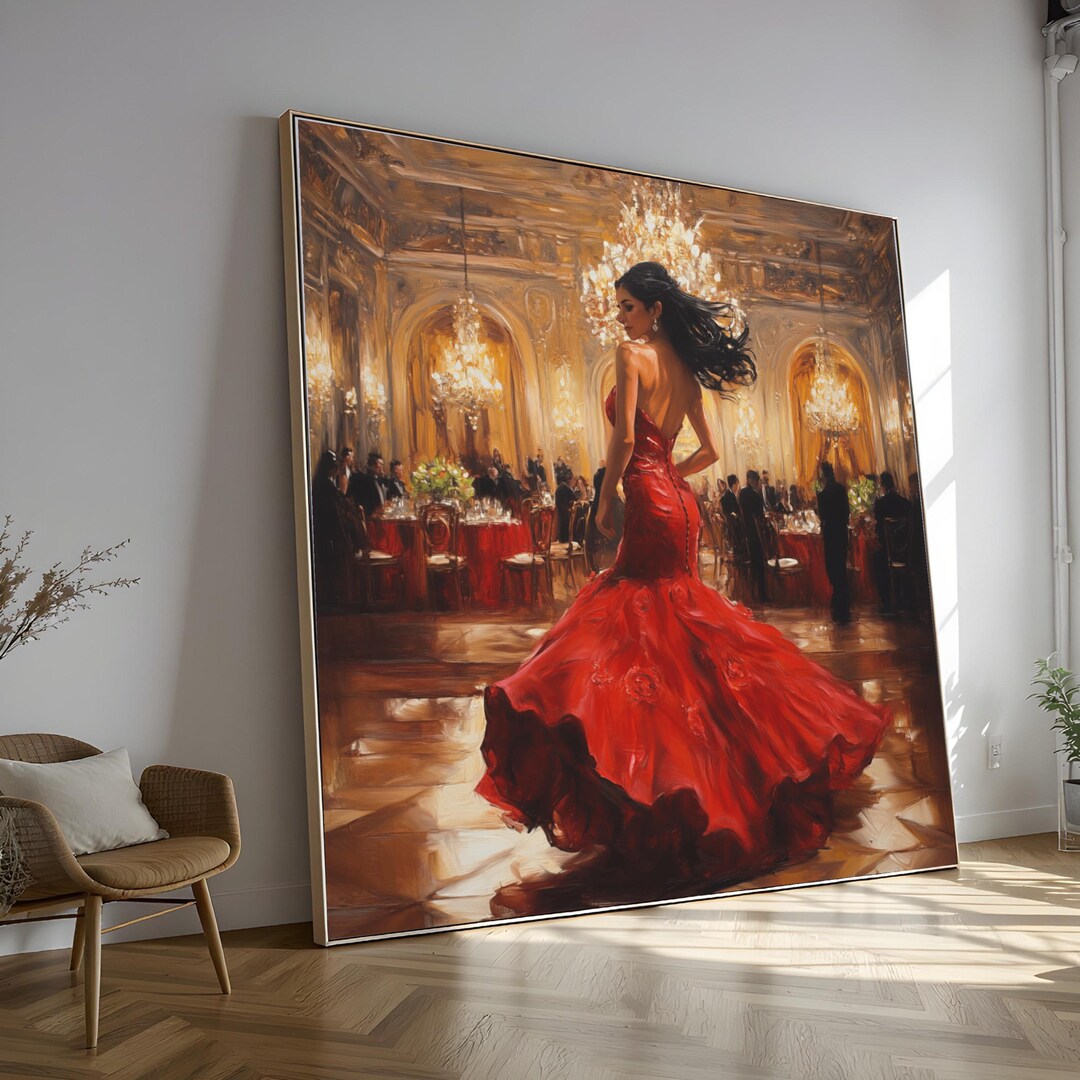 Elegant Woman in Red Dress Canvas, Ballroom Dance Scene Wall Art ...