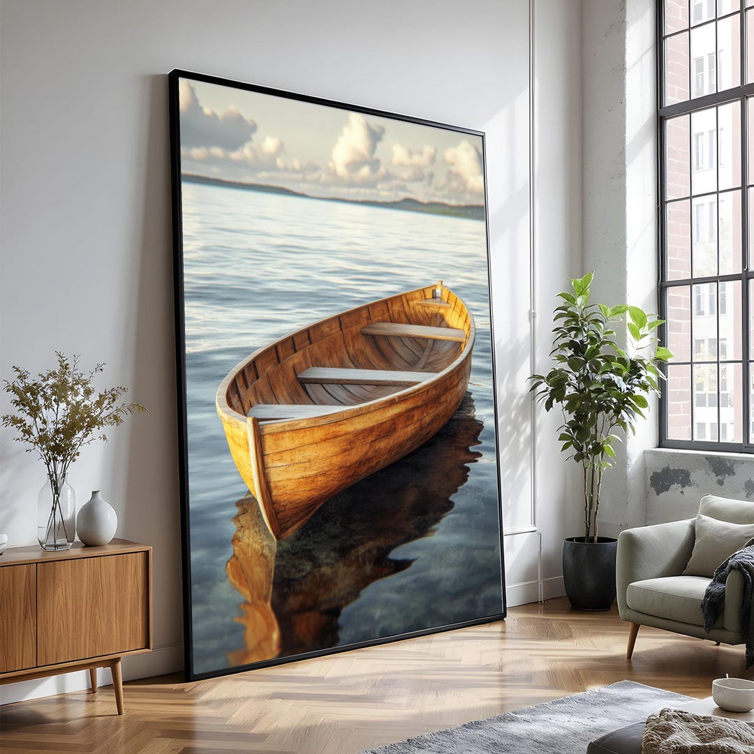 Calm Lake Wooden Rowboat Canvas Print, Water Reflection Art - Etsy