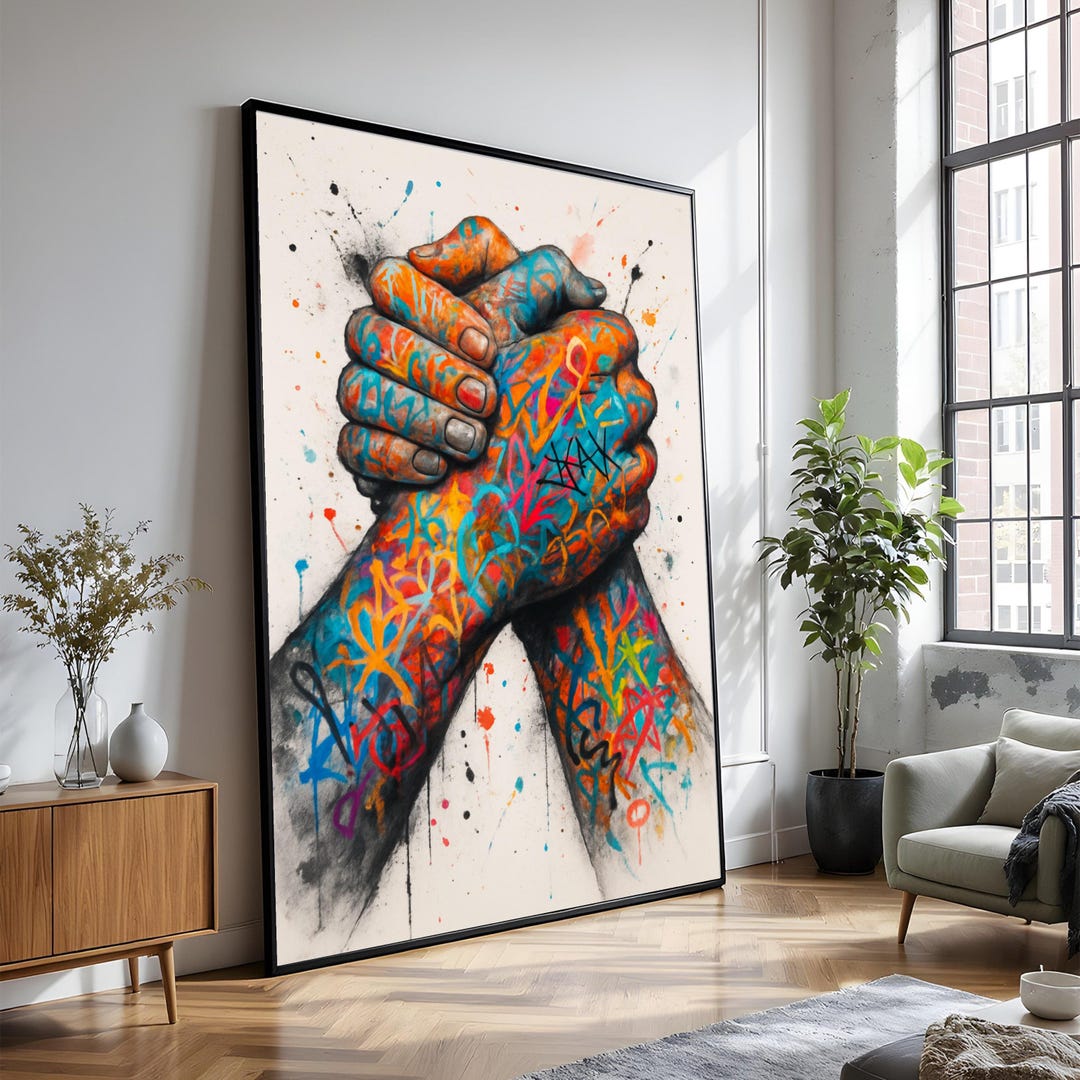 Vibrant Graffiti Hands Canvas Wall Art, Colorful Clasped Hands Painting ...