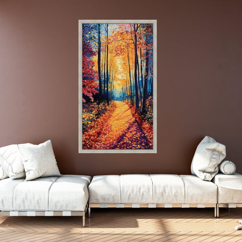 Autumn Forest Path Canvas Wall Art, Vibrant Fall Trees Painting ...