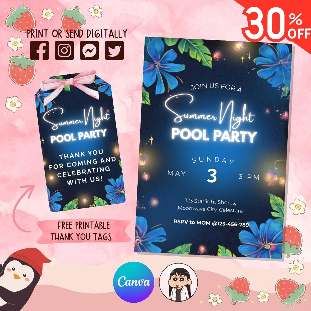 Editable Summer Night Pool Party Invitation | Tropical Swim Celebration ...