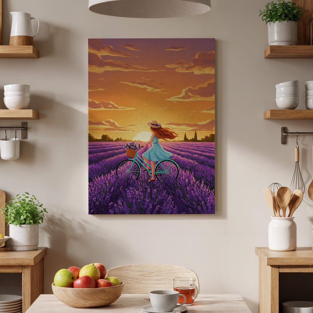 Impresión en lienzo de un campo de lavanda al atardecer, mujer en ...