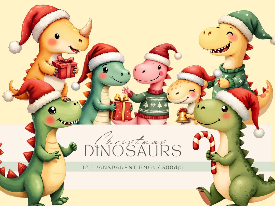 Christmas Dinosaur Clipart Set in Watercolor Style With Santa Hats ...