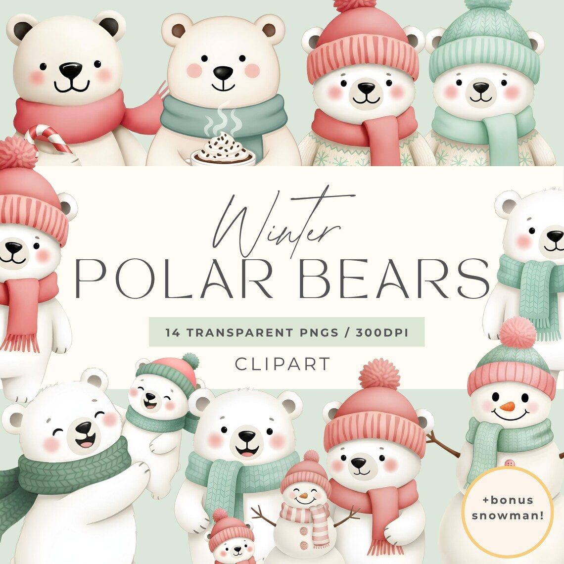 Winter Polar Bear Clipart, Cute Bear Pngs With Scarves & Hats, Winter ...