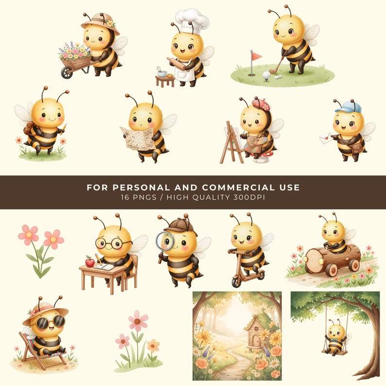 Busy Bees Clipart, 16 Cute Watercolor Bumblebee PNG, Working Honeybee ...