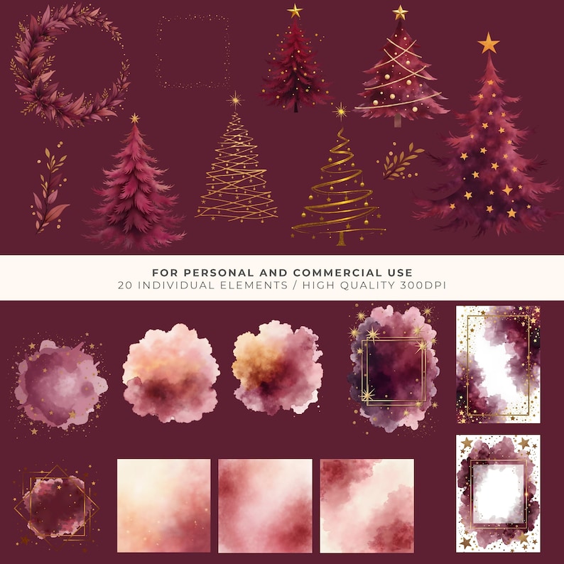 Burgundy Gold Christmas Clipart Pack, Elegant Watercolor Xmas Pngs and ...