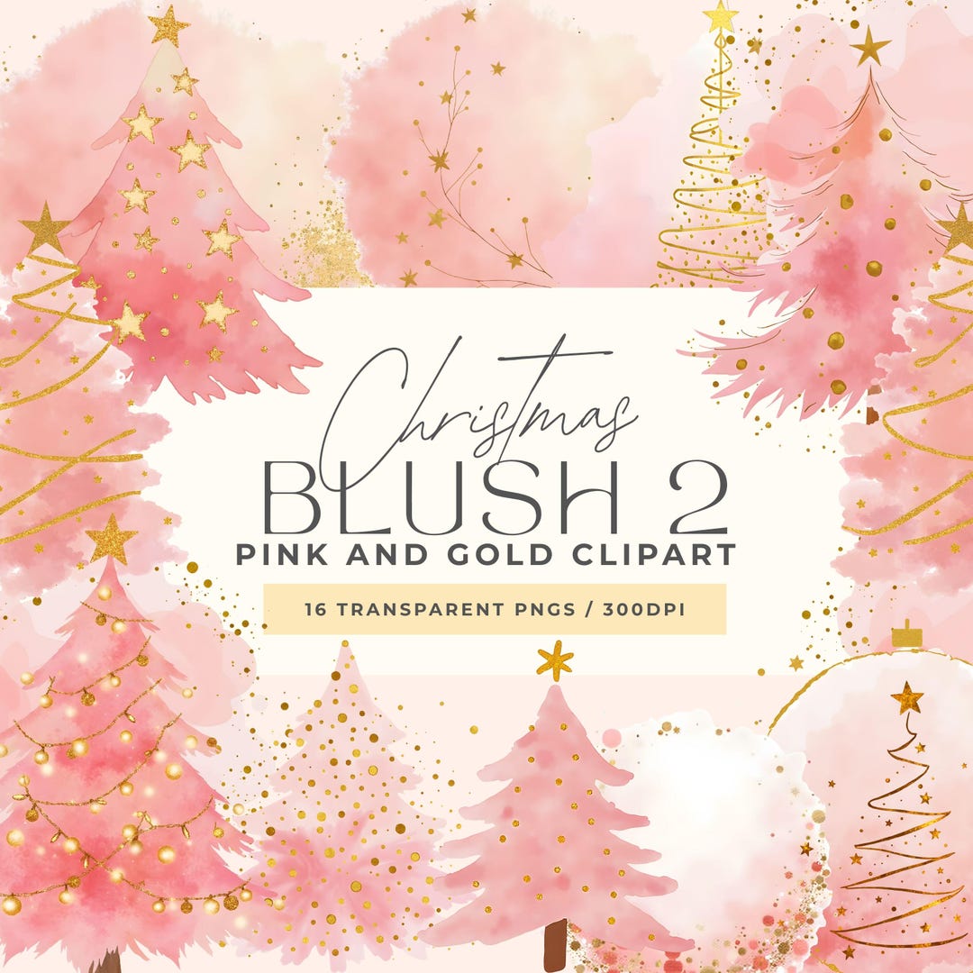 Blush Pink & Gold Watercolor Clip Art, Festive Hand-painted Xmas PNG ...