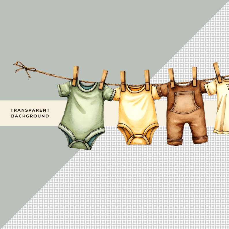 Baby Clothesline Clipart, 3, Baby Shower PNG, Nursery Laundry Digital ...