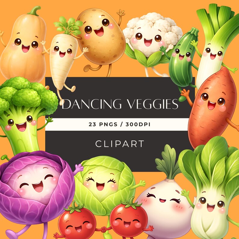 Dancing Vegetables Clipart, Kawaii Food Illustrations, 21 Pngs (digital ...