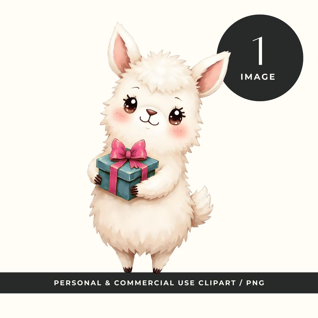 Llama With Gift Clipart, Cute Watercolor Alpaca PNG, White Llama ...