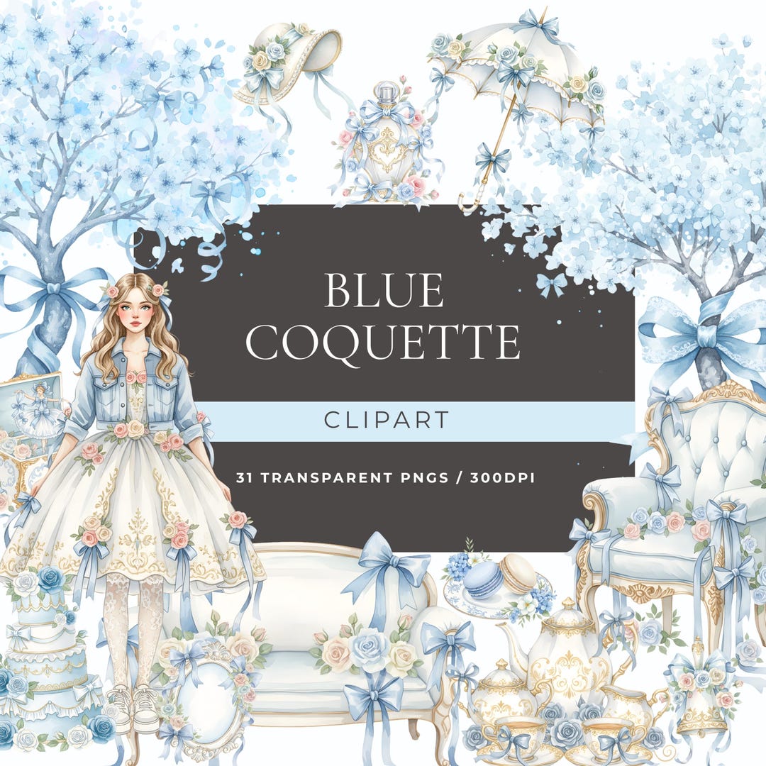 Blue Coquette Clip Art, Messy Coquette Clipart, Watercolor Bow Ribbon ...