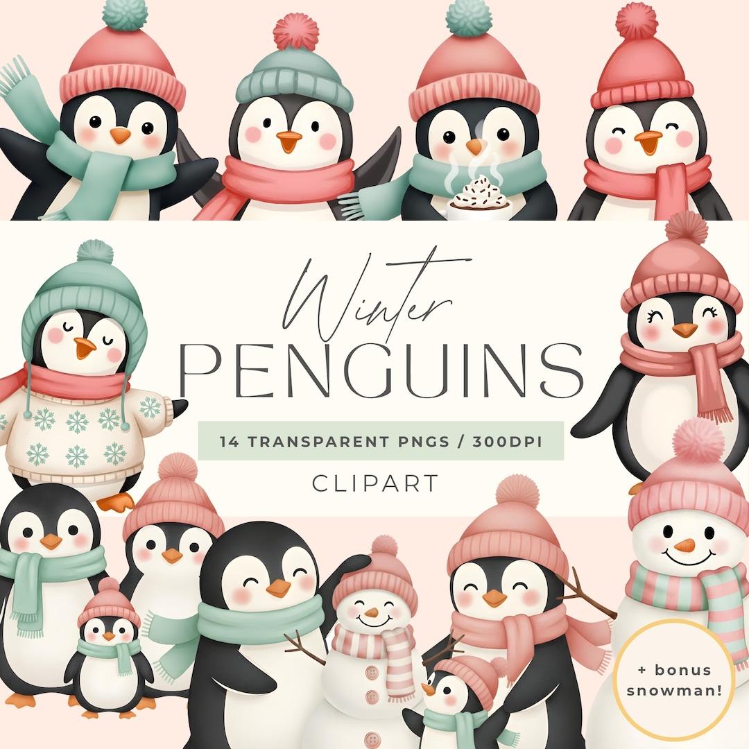 Winter Penguins Clipart, Cute Penguin Pngs With Scarves & Hats, Winter ...