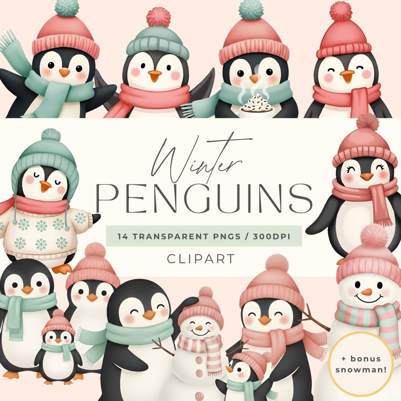 Winter Penguins Clipart, Cute Penguin Pngs With Scarves & Hats, Winter ...