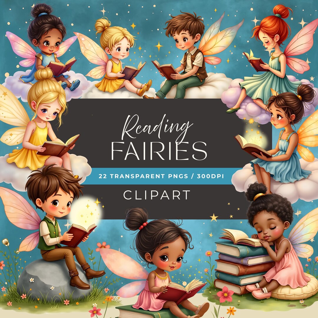 Reading Fairies Clipart Bundle, Diverse Fantasy Fairy Clip Art, Magical ...