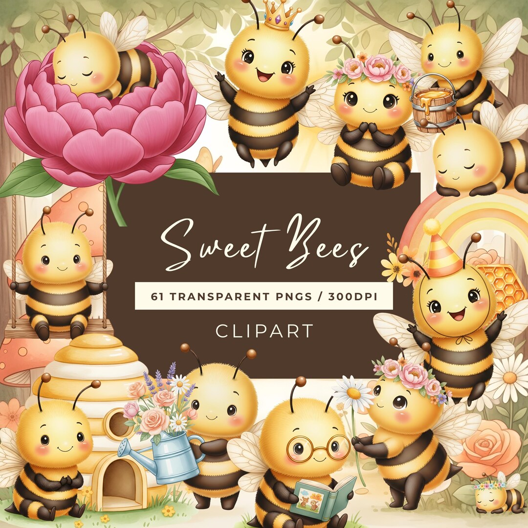 Watercolor Bee Clipart Set, Cute Honey Bee Pngs, Sweet Bumblebee ...