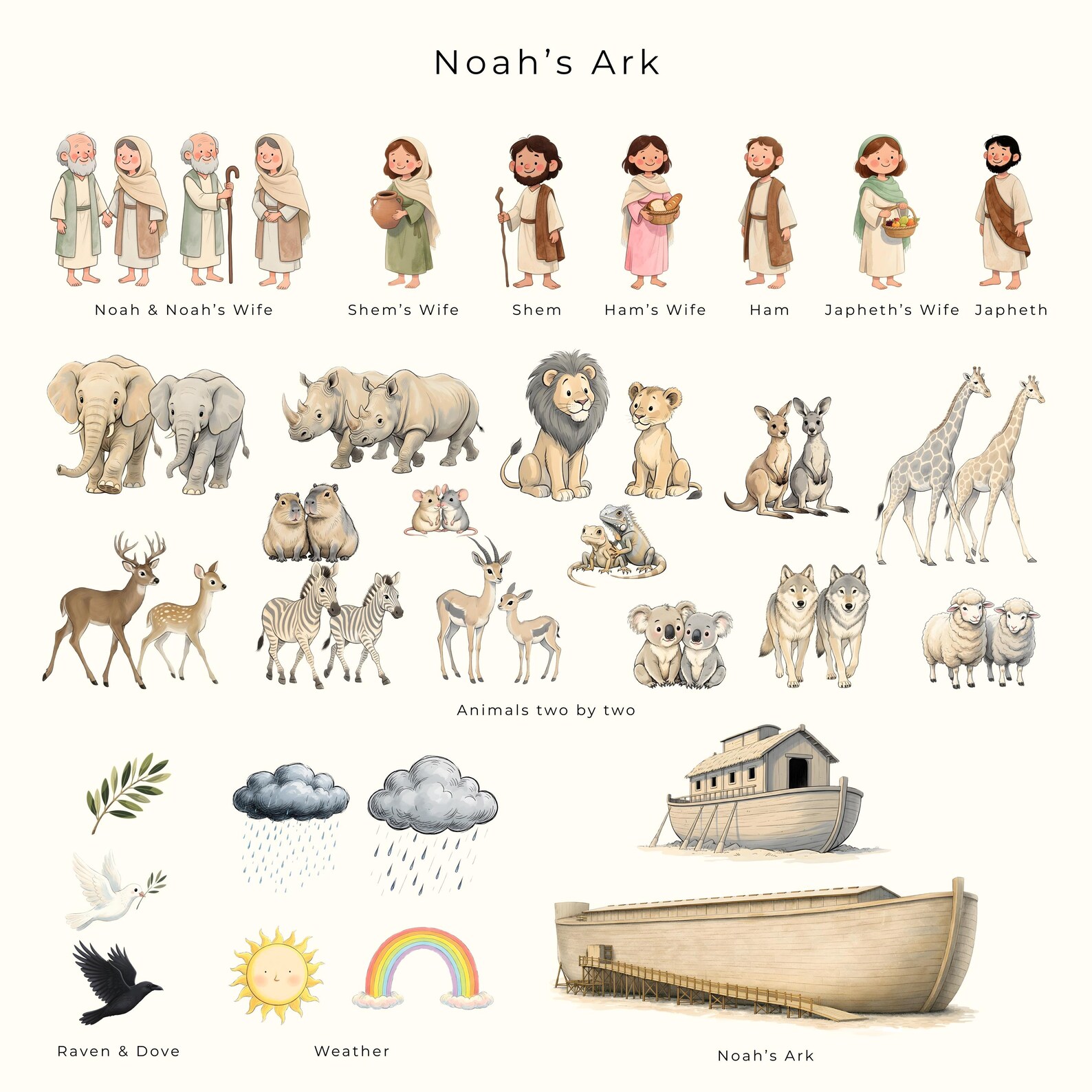 Noah’s Ark Clipart, Christian Bible Story PNG Set, Animals Two by Two ...