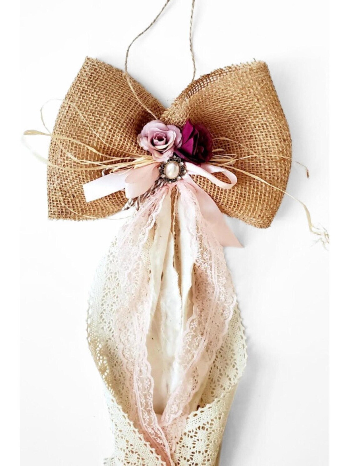 Burlap Lace Bow, Rustic Wedding Decor, Burlap Bows for Pew, Aisle ...