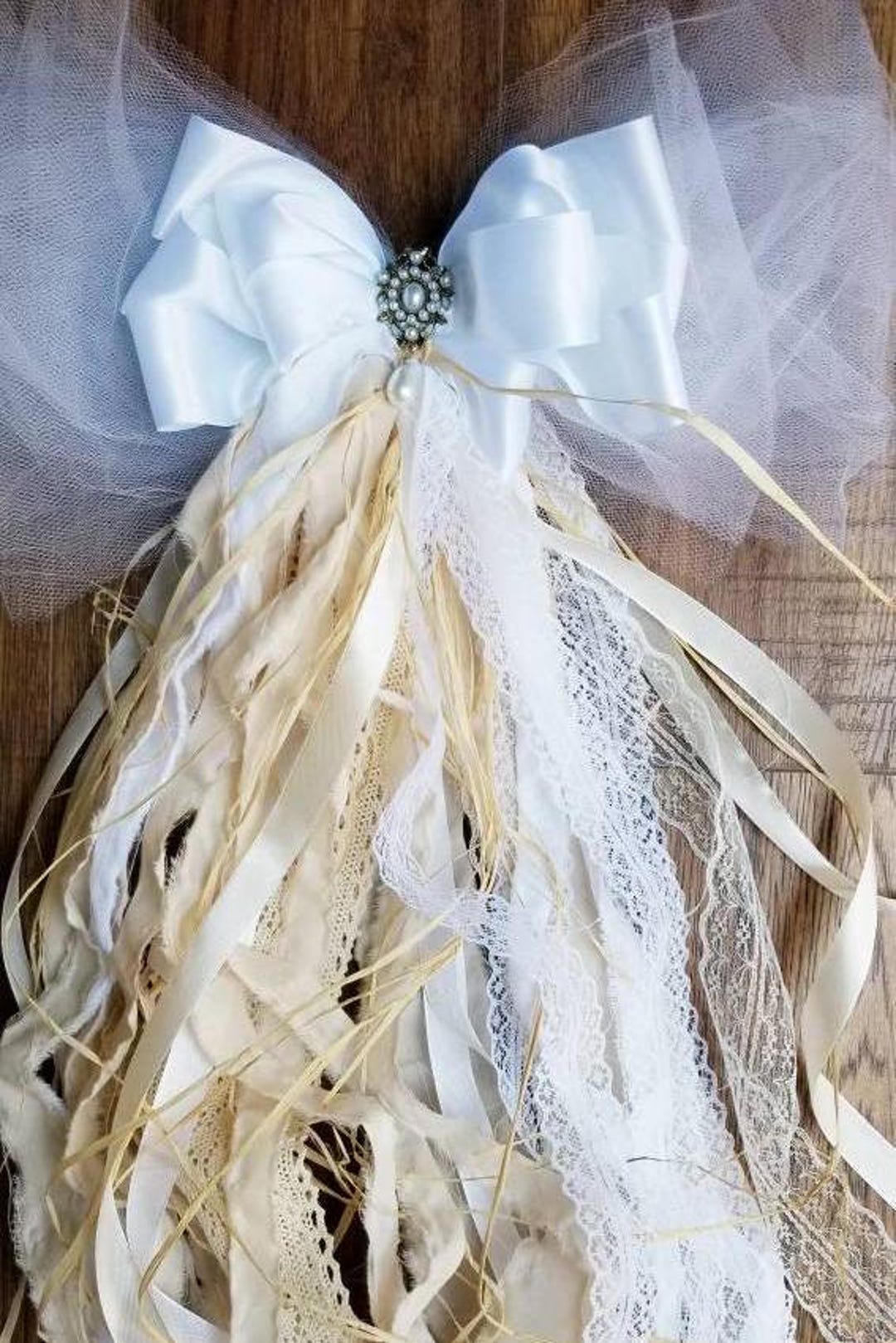 Rustic Wedding Bow Decor With Pearl Brooch, Lace, Raffia, Cotton Bow ...