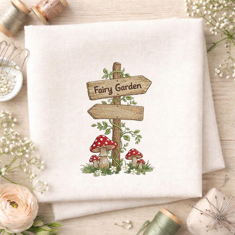 Fairy Garden Sign Embroidery Design, Wooden Signpost , Mushroom Garden ...