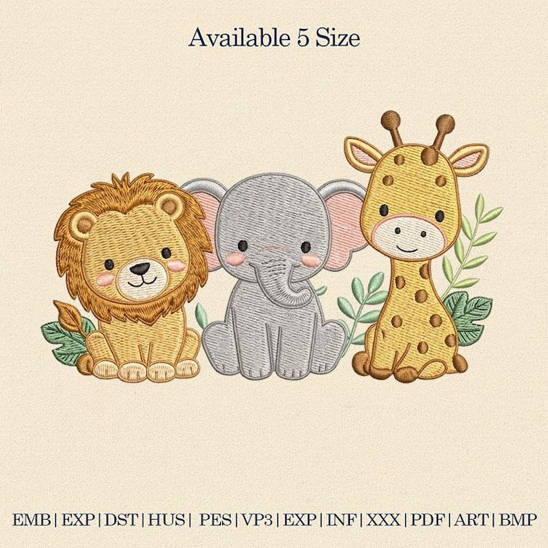 Cute Safari Animals Embroidery Design, Lion Elephant Giraffe Machine ...