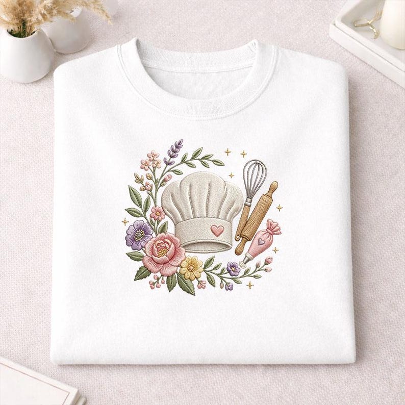 Baking Embroidery Design, Chef Hat With Flowers, Cute Baking Tools ...
