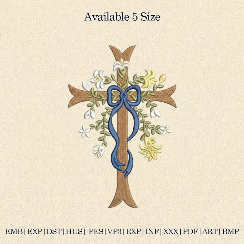 Floral Cross Embroidery Design With Blue Bow, Christian Wooden Cross ...