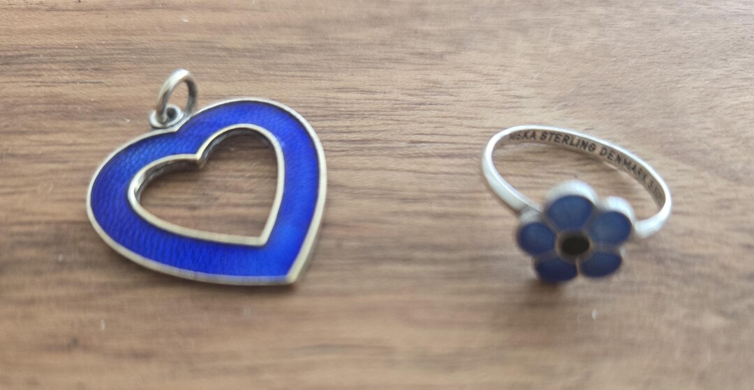 MEKA Denmark Vintage Jewelry Enamel Heart Pendant & Pinky Blue Flower ...