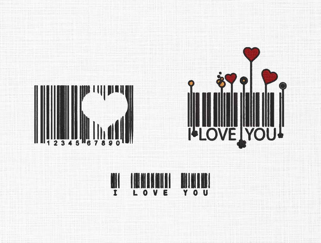 Barcode Love Embroidery Design, I Love You Heart Barcode Machine ...