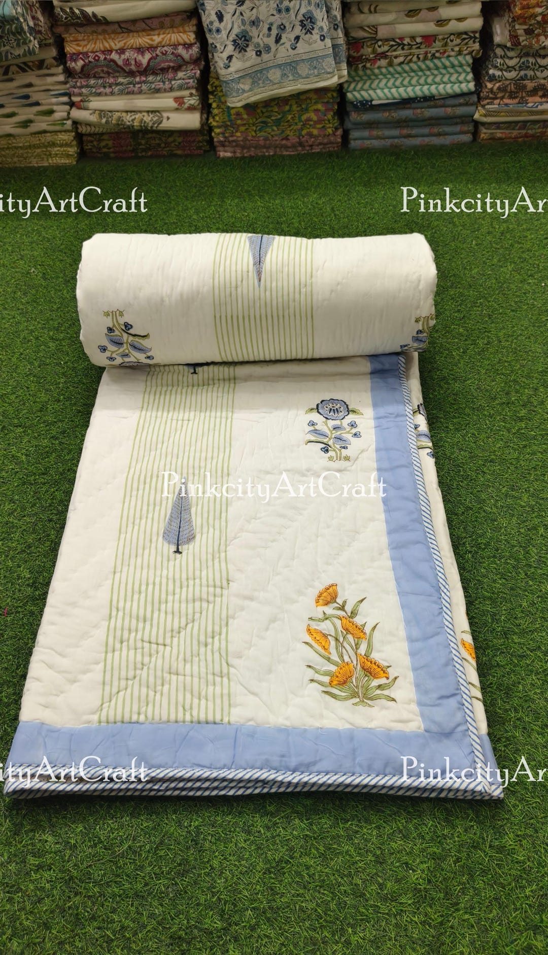 Hand Block Printed Cotton Quilt, Reversible Floral Dohar, Boho Bedding ...