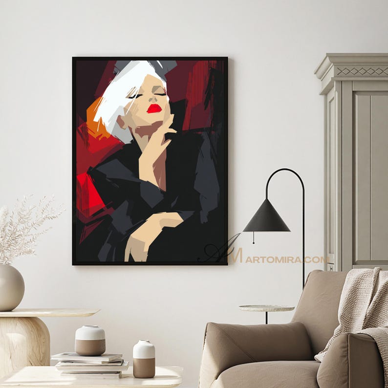 Red Abstract Woman Portrait Painting White Hair Painting Abstract ...