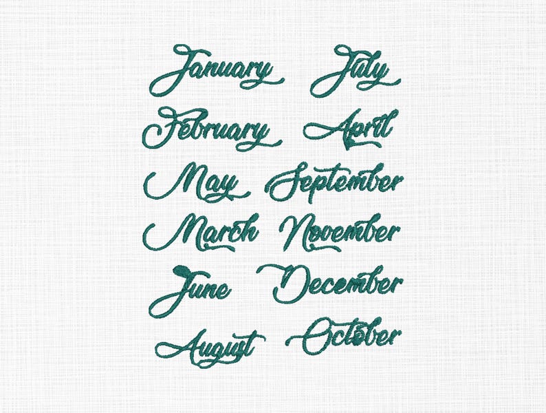 Months of the Year Script Embroidery Design Set, Calendar Words ...