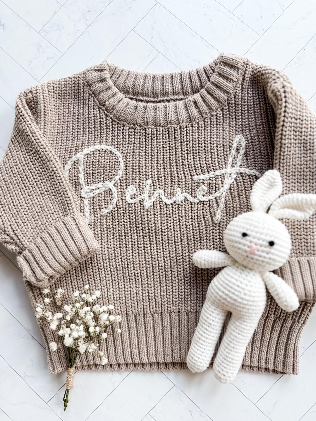 Chunky Knit Personalized Baby Sweater: Hand Embroidered Cotton, Size 3M ...