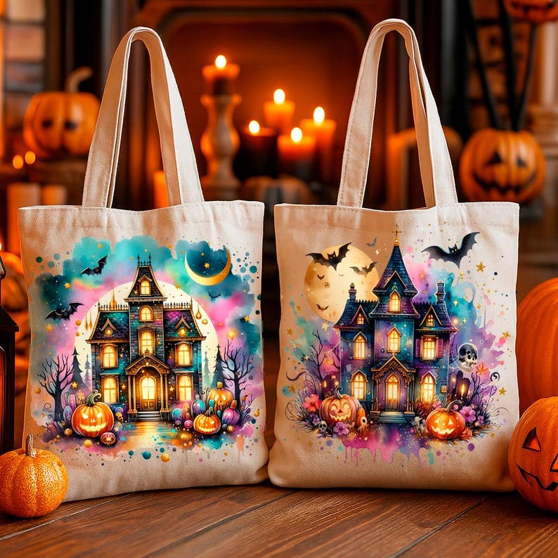20 Cute Haunted House Watercolor PNG Sublimation Set, Halloween Mansion ...