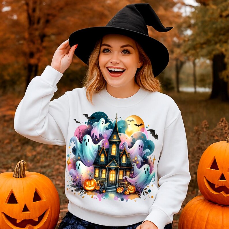 20 Cute Haunted House Watercolor PNG Sublimation Set, Halloween Mansion ...