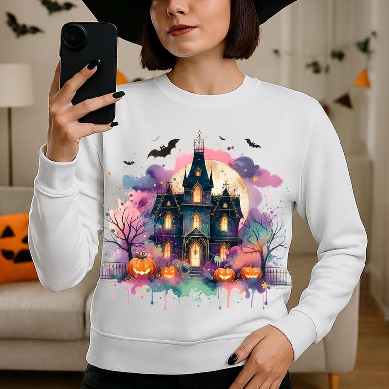20 Cute Haunted House Watercolor PNG Sublimation Set, Halloween Mansion ...