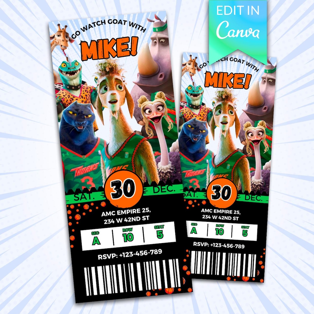 Editable Goat Movie Ticket Invitation, Printable Birthday Invite ...